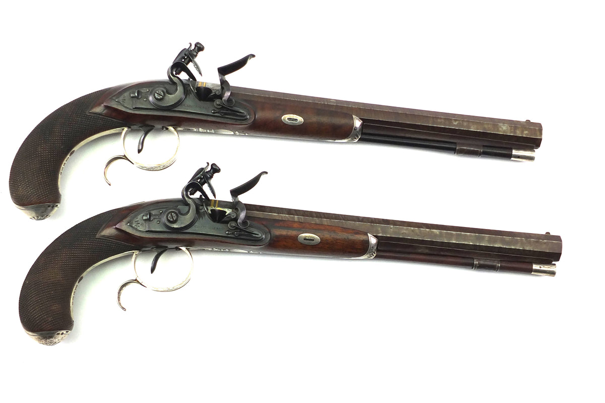 Flintlock Silver Mounted Duelling Pistols By Clarke & Son, Very Fine C ...