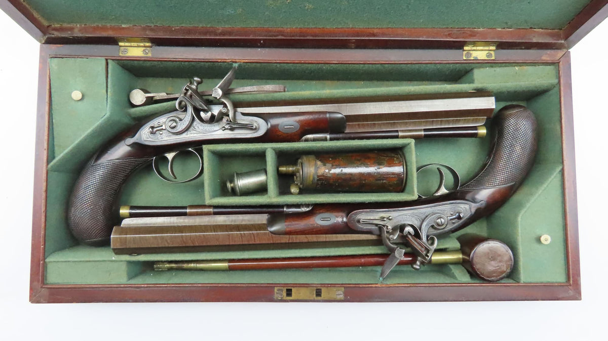 Manton V Pan Flintlock Duelling Pistols, Rare Cased Pair. Ref 9220 ...