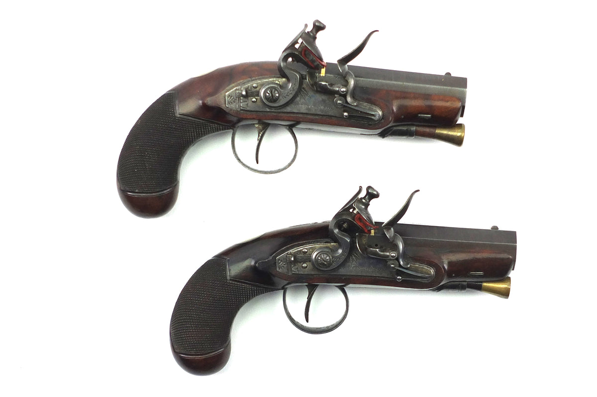 Flintlock Man Stopper Pistols by Mortimer & Son, Cased Pair. SN 9139 ...