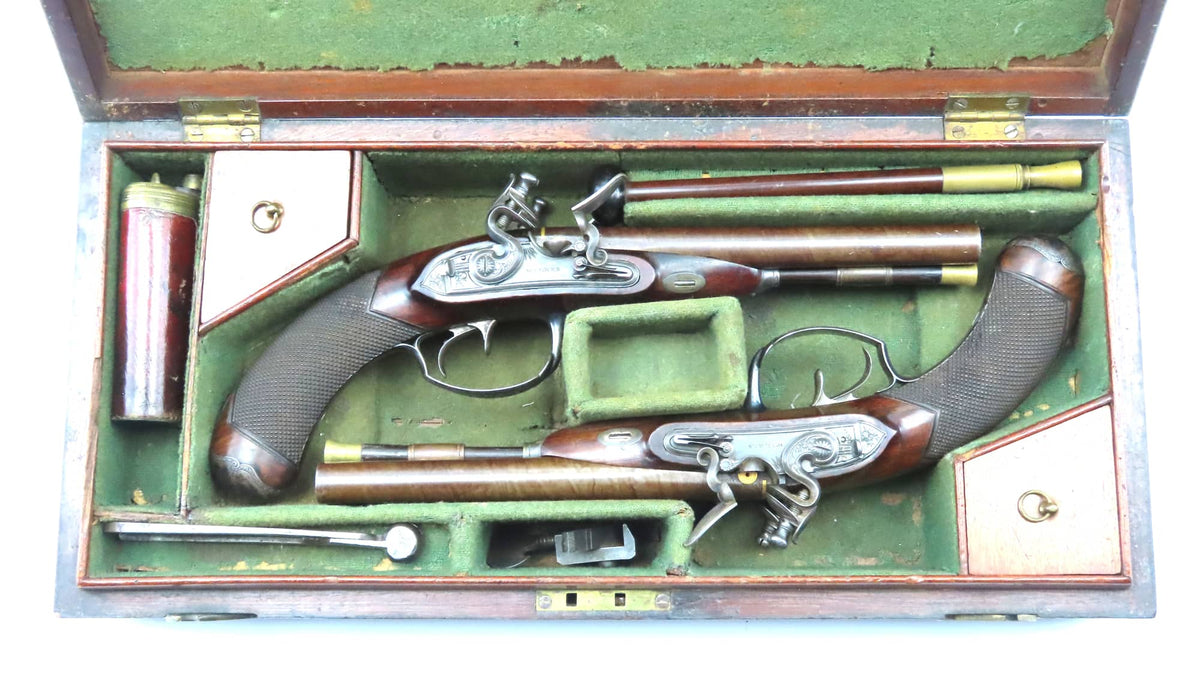Double Barrelled Flintlock Carriage Pistols by Wilkes, Very Fine Cased ...