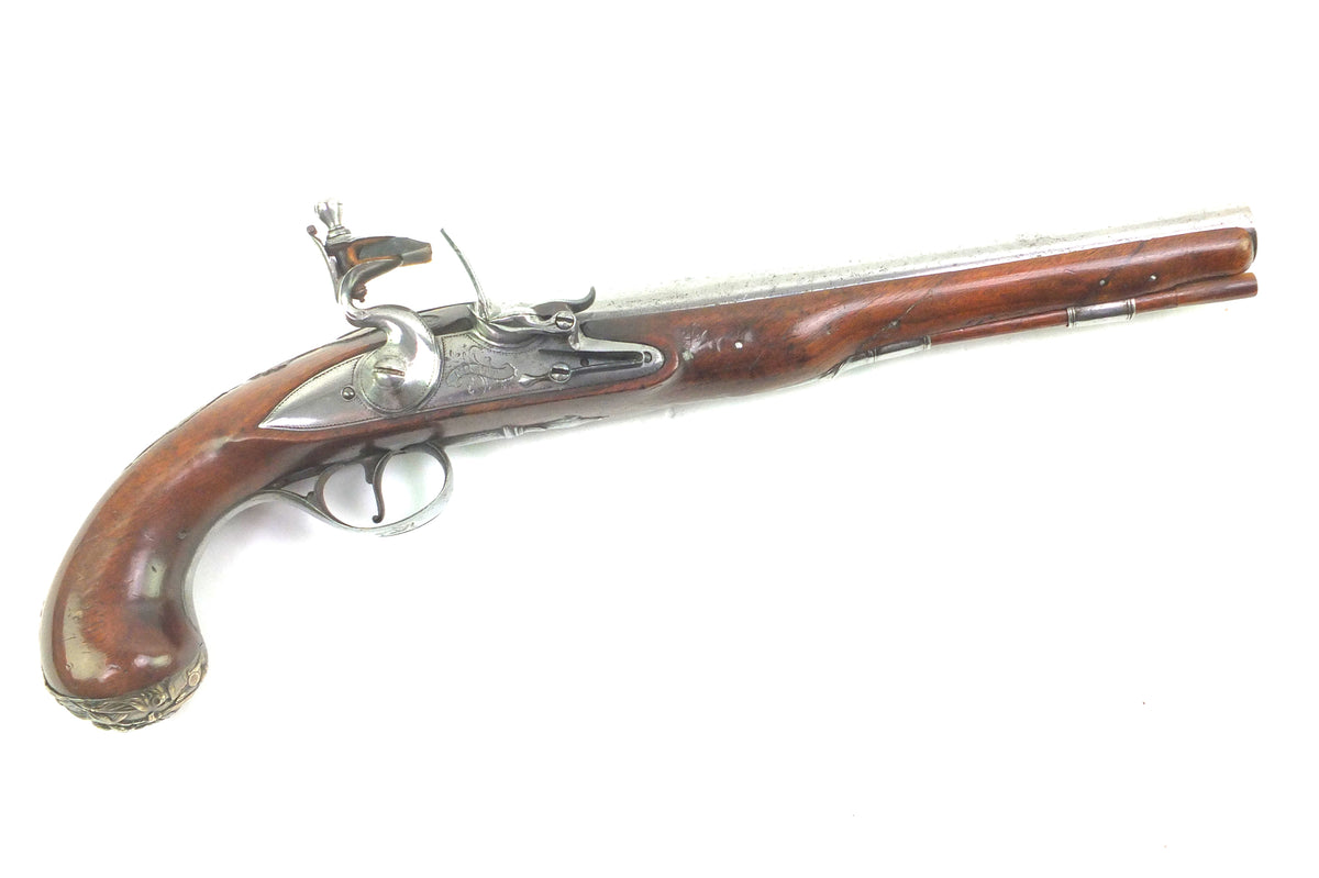 Flintlock Holster Pistols by Isaac Pratt, Fine Pair, Silver Mounted. S ...