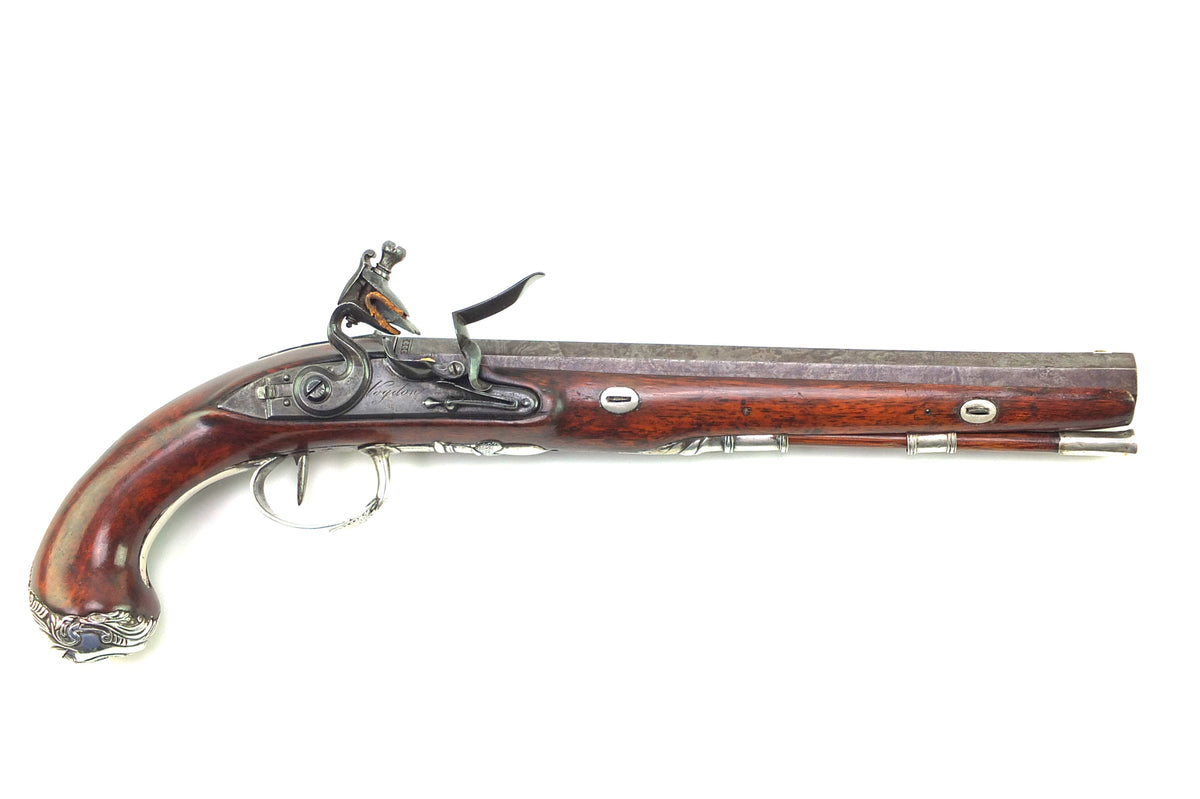 Flintlock Transitional Duelling pistol by Wogdon, Silver Mounted, very ...