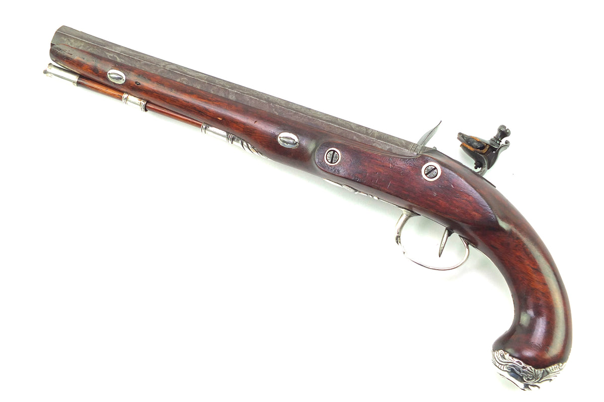 Flintlock Transitional Duelling pistol by Wogdon, Silver Mounted, very ...