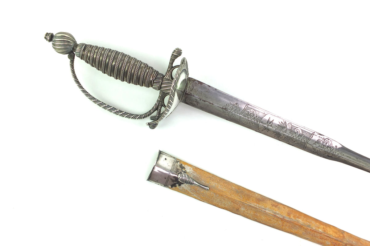 Irish Silver Hilted Small Sword with Scabbard, very fine. SN 8983 ...